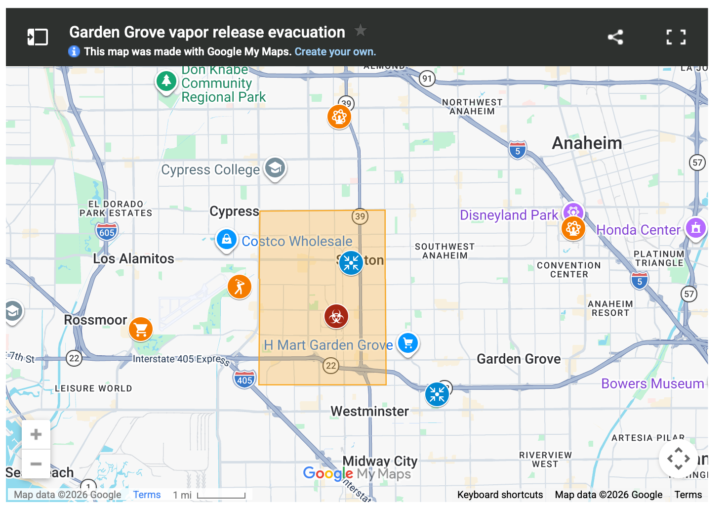 MAP: Toxic Vapor Release Triggers Large Evacuation Zone In Garden Grove ...